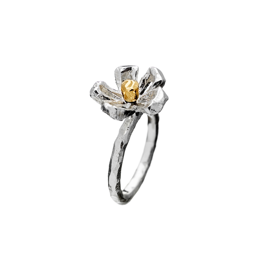 Ringo Flower - Ring in silver and 18K yellow gold, 3 mm, flower 16 mm.